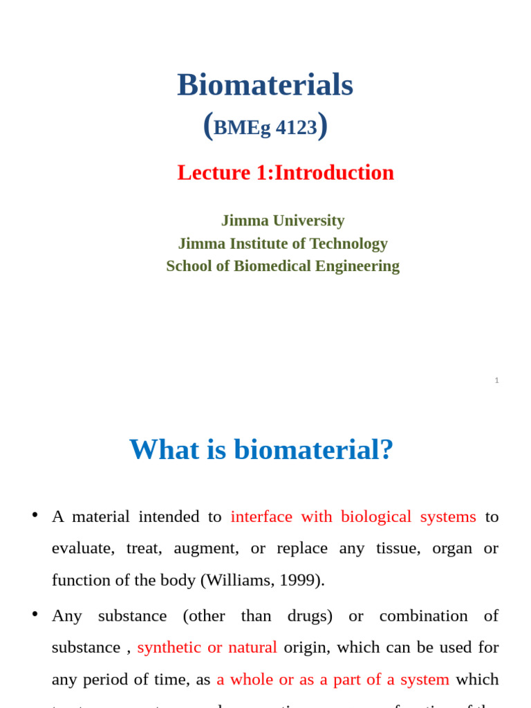 Lecture 1 Introducion o Biomaterials | PDF | Biomaterial | Implant (Medicine)