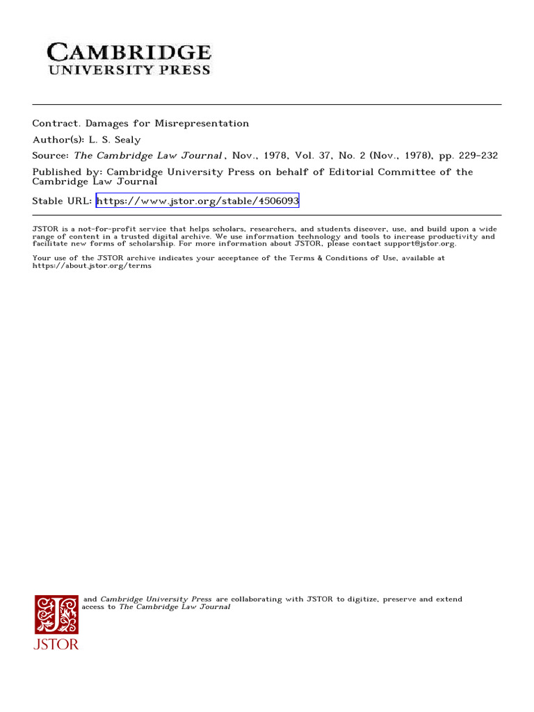Sealy-Contract - Damages For Misrepresentation | PDF | Misrepresentation | Damages
