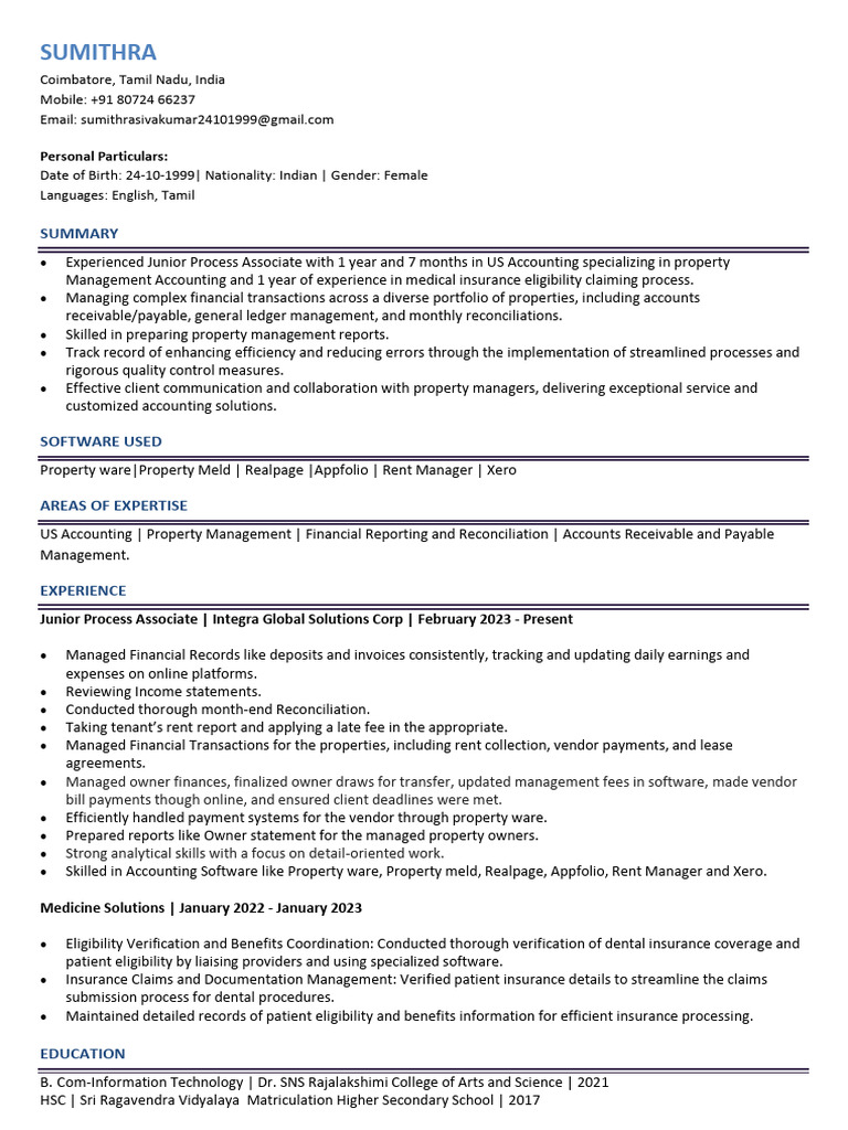 Sumithra - Resume | PDF | Renting | Insurance