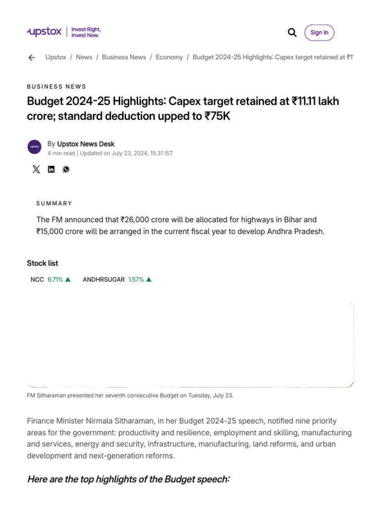 Budget 2024-25 Highlights - Capex Target Retained at 11.11 Lakh Crore ...