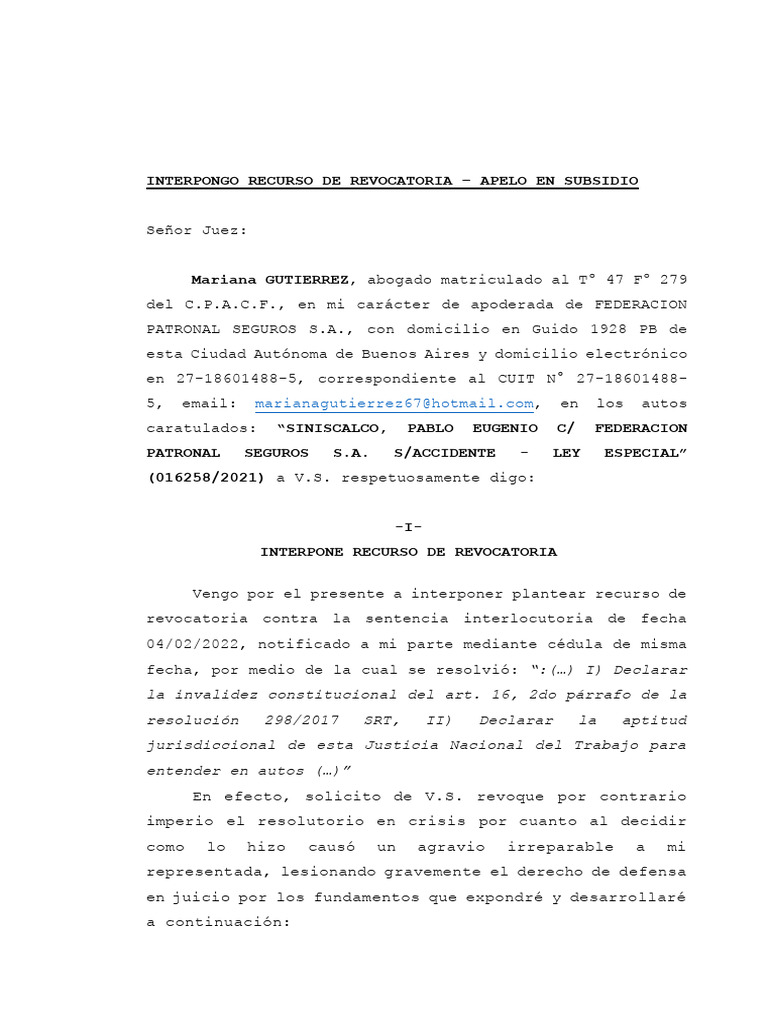 Recurso de Revocatoria Modelo | PDF | Apelación | Jurisdicción