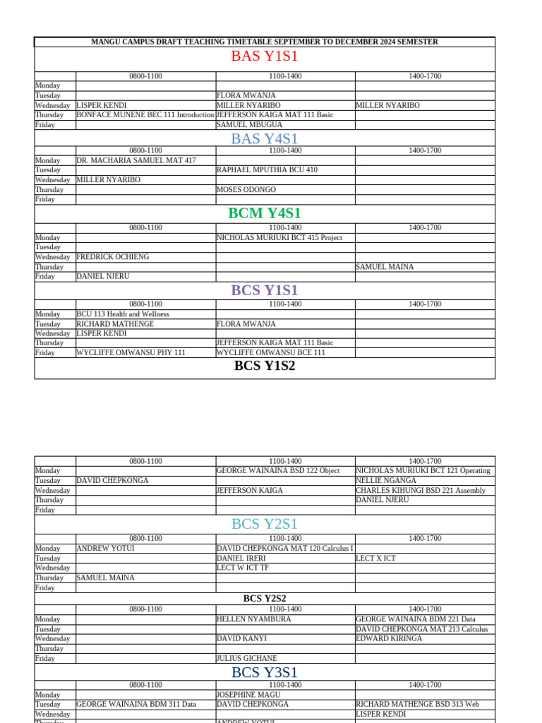 Mangu Campus Draft Teaching Timetable September To December 2024 ...