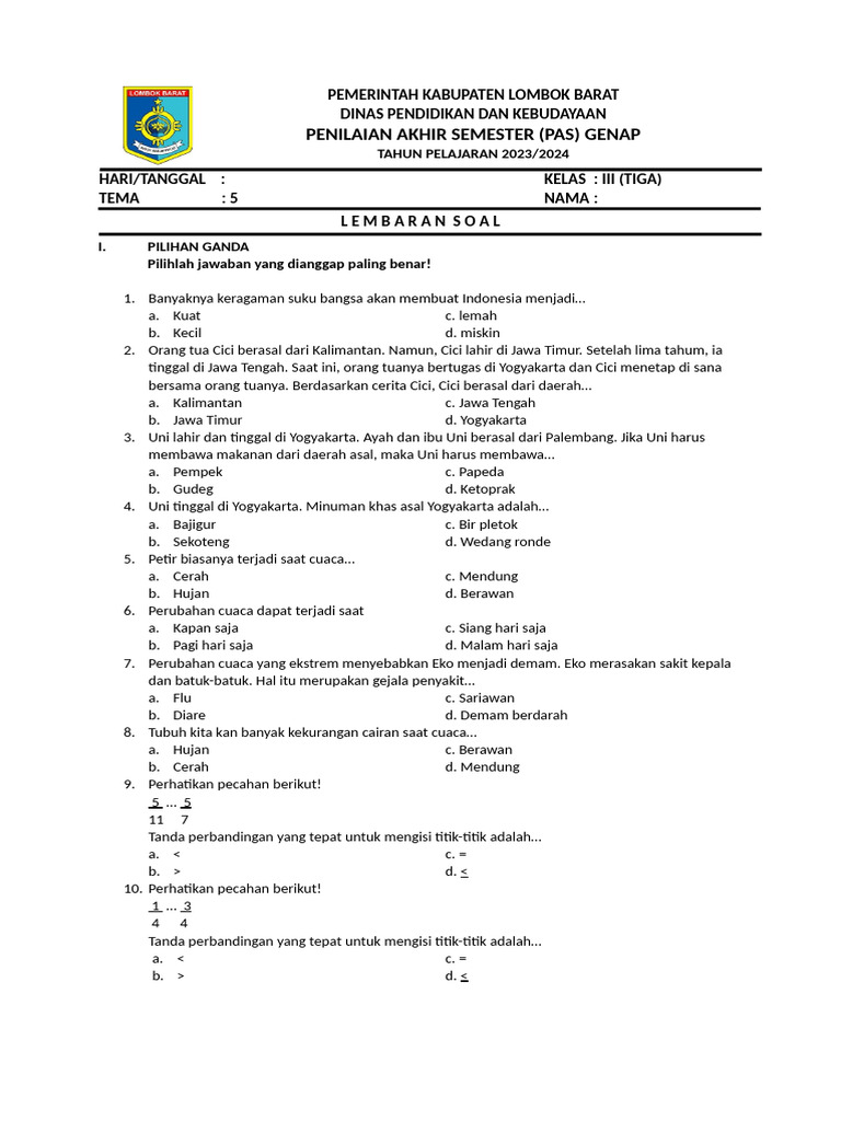 Soal Pas Kelas 3 Tema 5 | PDF