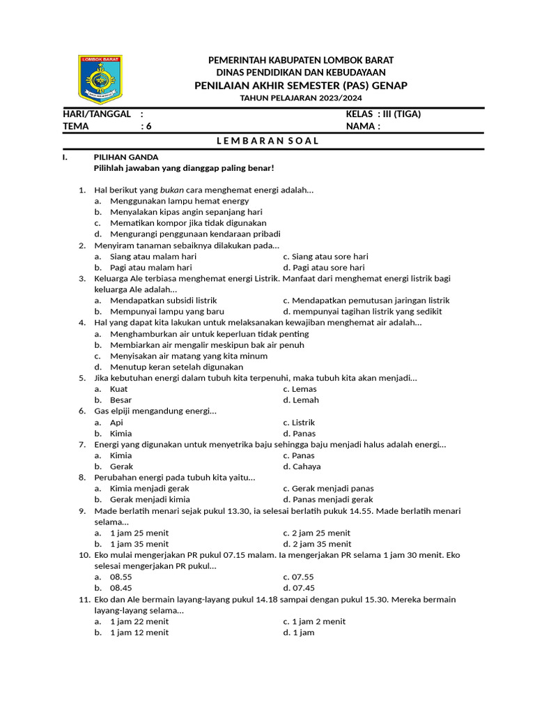 Soal Pas Kelas 3 Tema 6 | PDF
