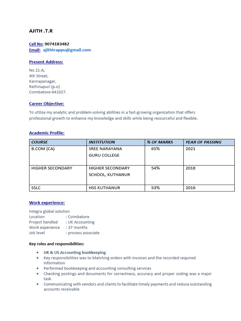 AJITH.TR-Resume | PDF | Bookkeeping | Computing