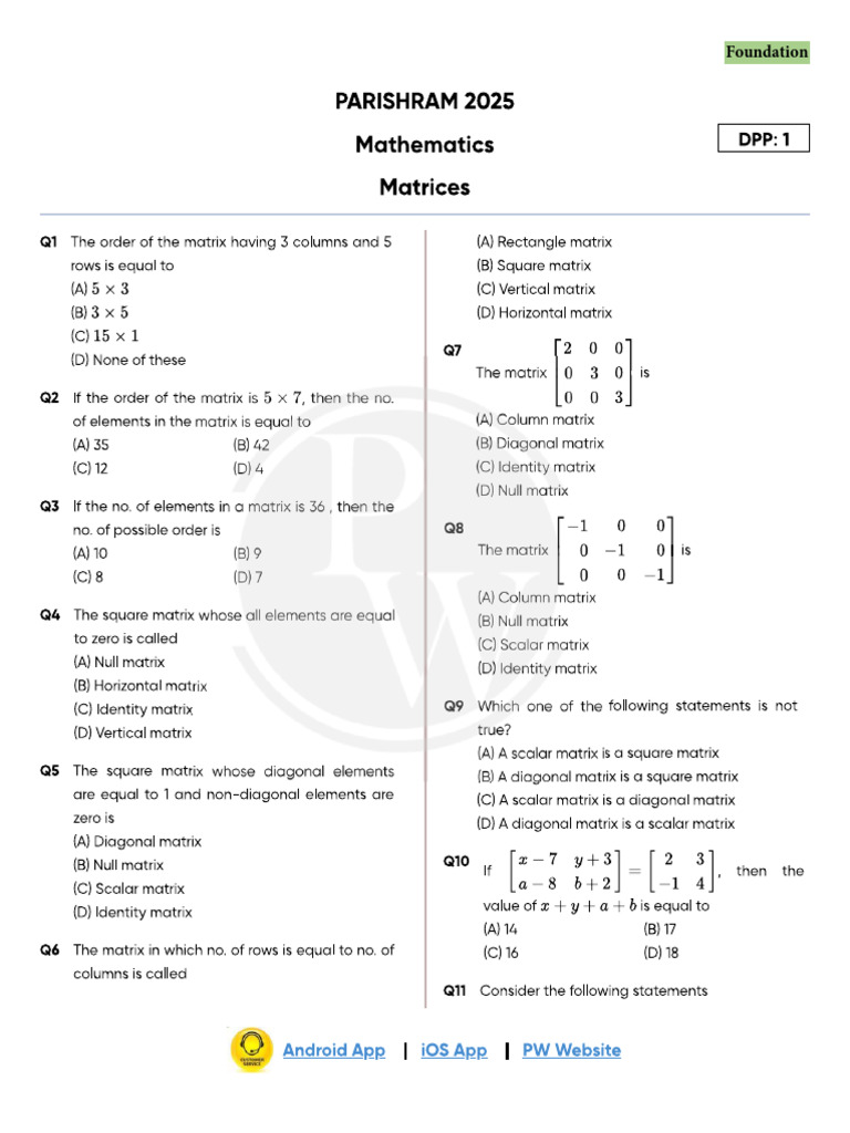 Matrices DPP 01 (Of Lec 02) Parishram 2025 | PDF