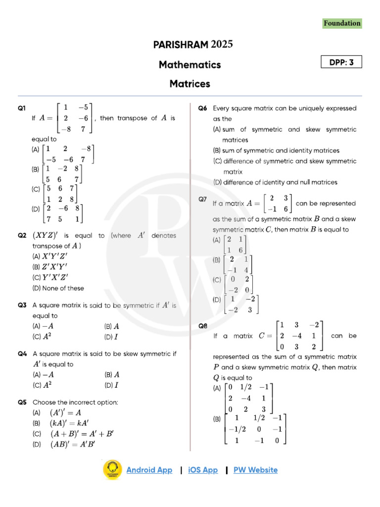 Matrices DPP 03 (Of Lec 04) Parishram 2025 | PDF