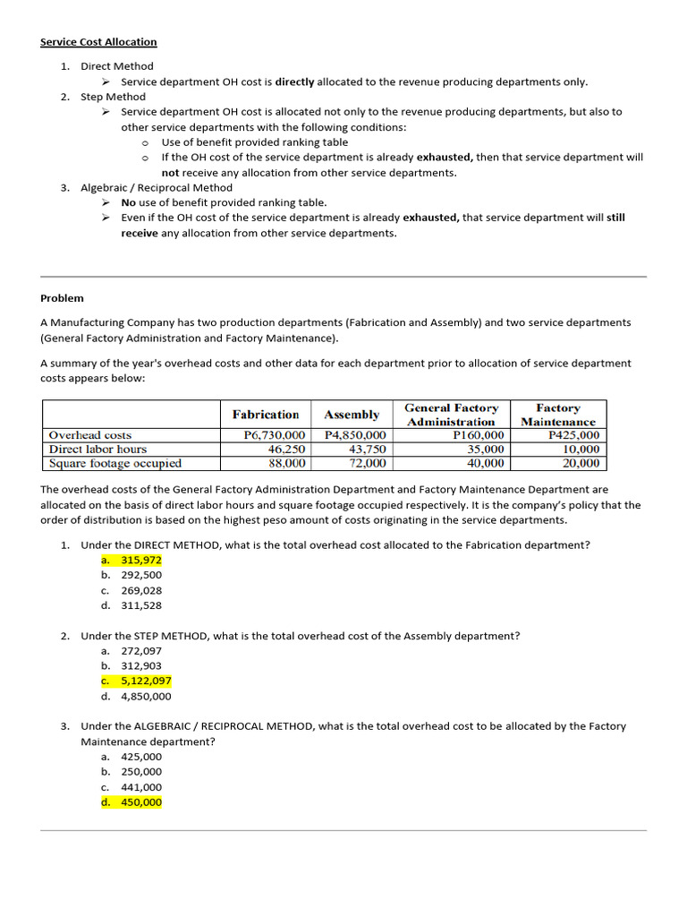 Service Cost Allocation Notes & Problem with Solution | PDF | Economies ...