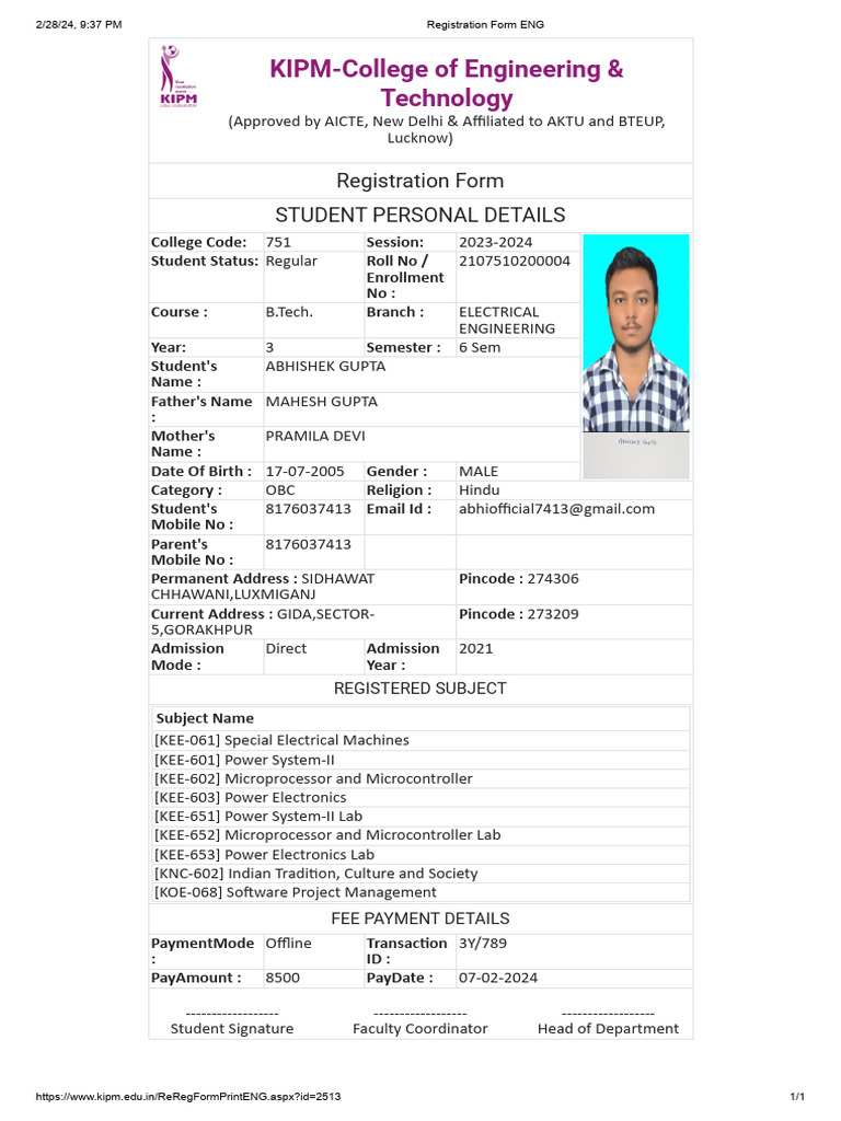 Abhi Resistration Resipt | PDF