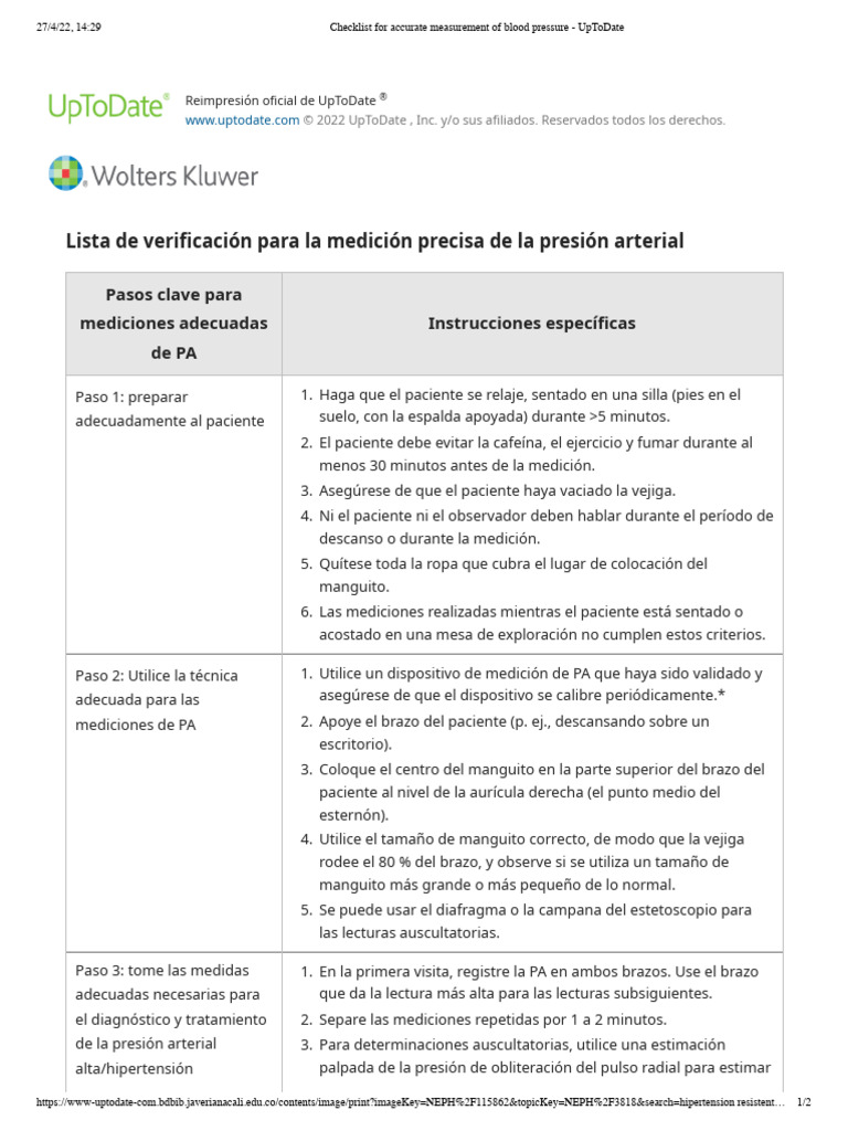 Checklist For Accurate Measurement of Blood Pressure - UpToDate | PDF ...