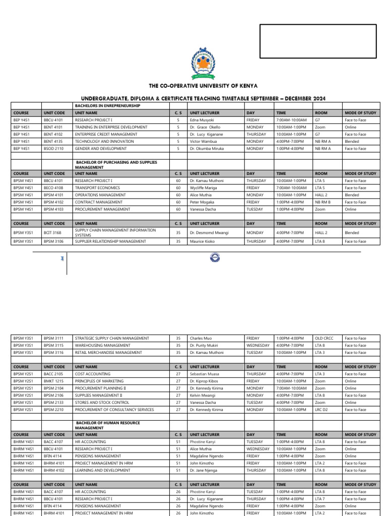Teaching Timetable Sept December 2024 | PDF | Applied Mathematics | Business