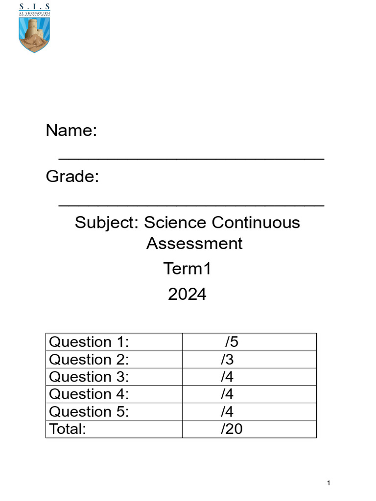Science Assessment Term 1 2024 | PDF | Skeleton