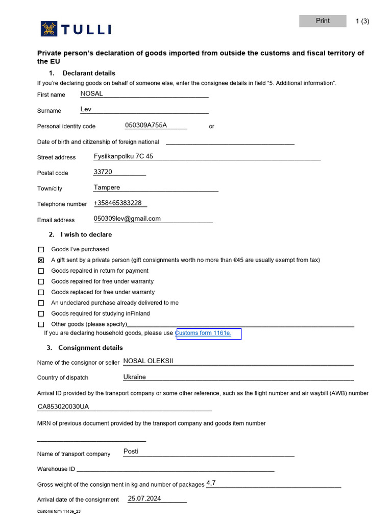 The EU: Private Person's Declaration of Goods Imported From Outside The ...