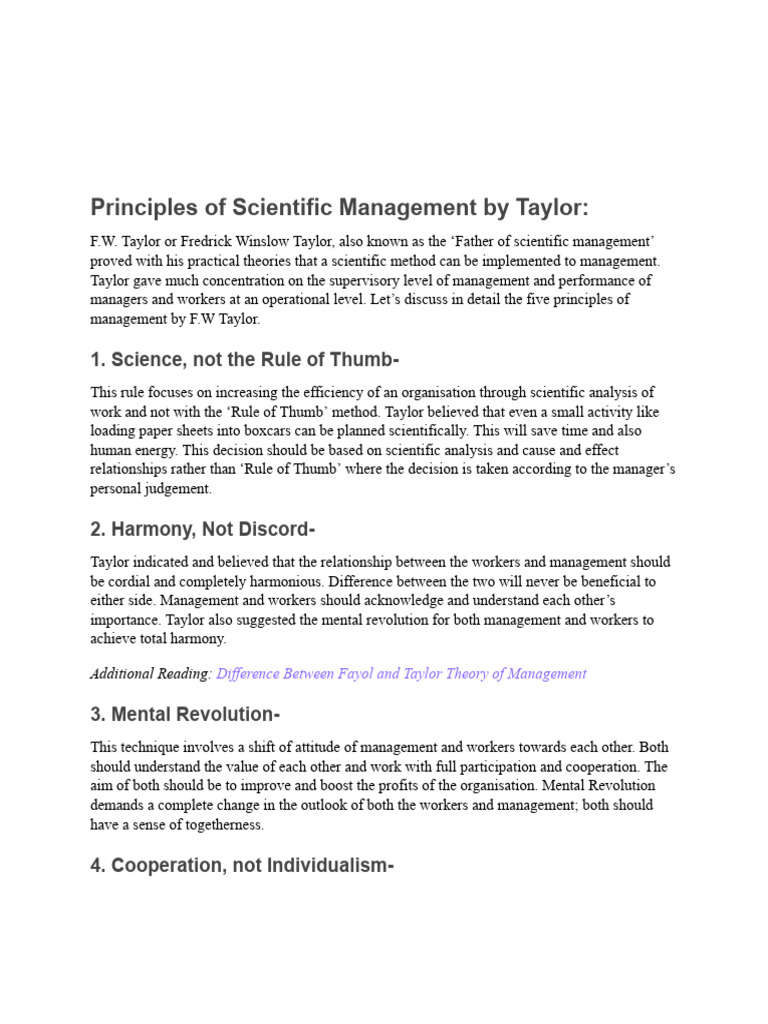 F.W. Taylor's Five Principles of Management | PDF | Business