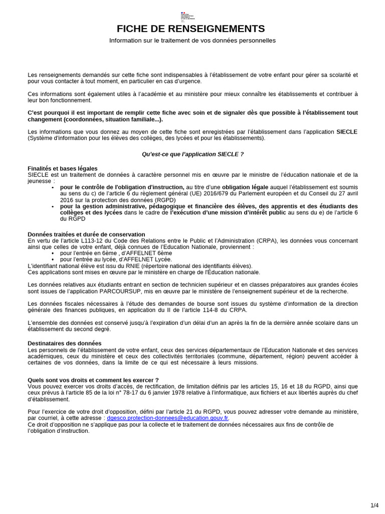 Fiche de renseignements scolaire 2024-2025 | PDF | Concubinage | Famille