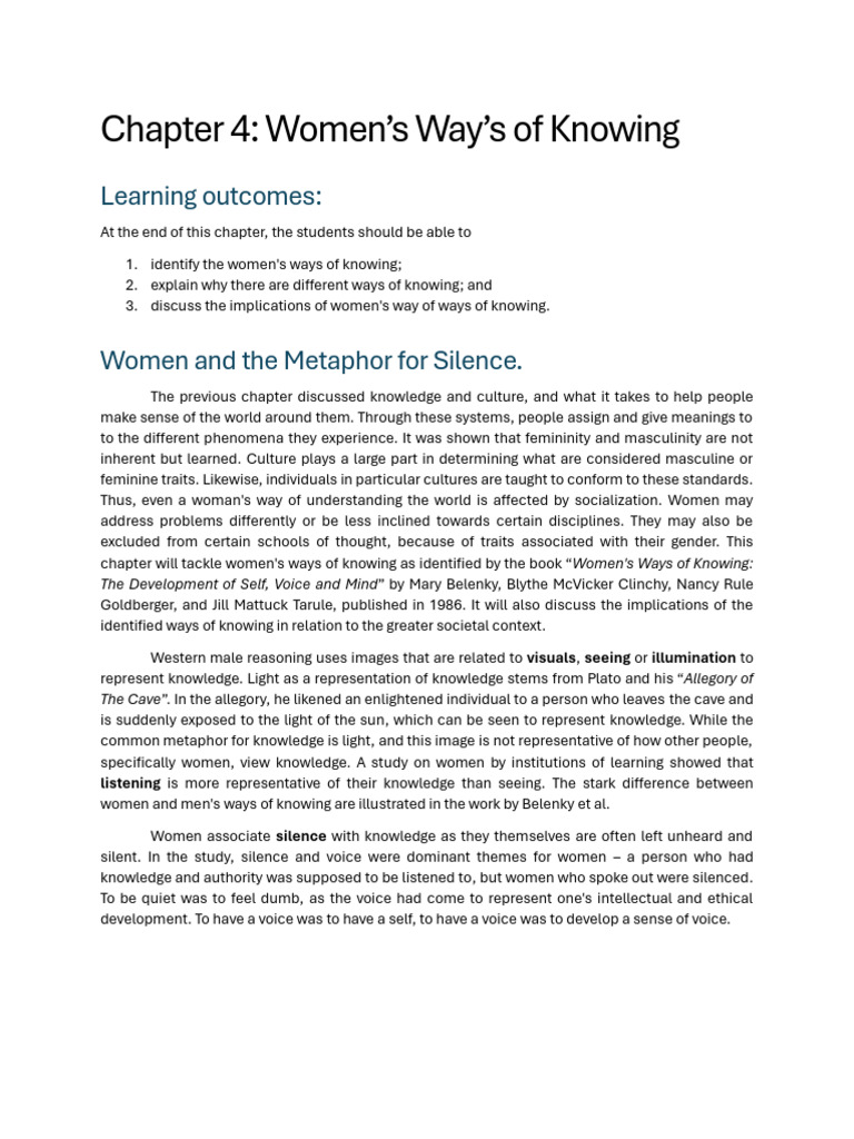 4 - Women's Ways of Knowing | PDF | Knowledge | Thought