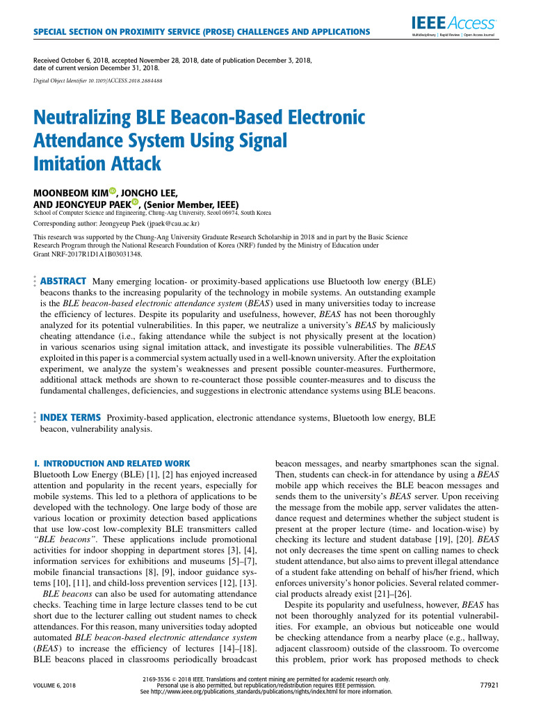 Neutralizing BLE Beacon-Based Electronic Attendance System Using Signal Imitation Attack | PDF ...