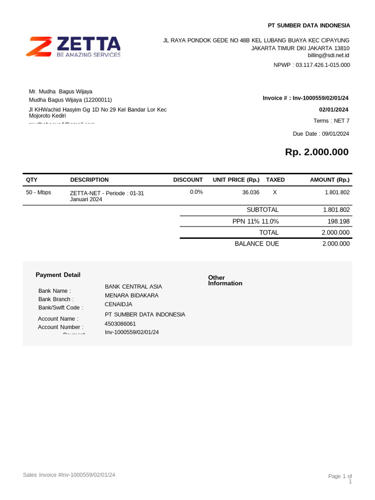 Invoice for ZETTA-NET Service January 2024 | PDF | Accounting