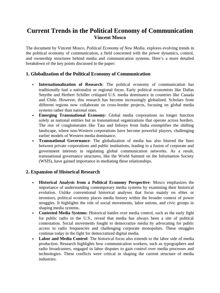 Current Trends in The Political Economy of Communication Vincent Mosco ...