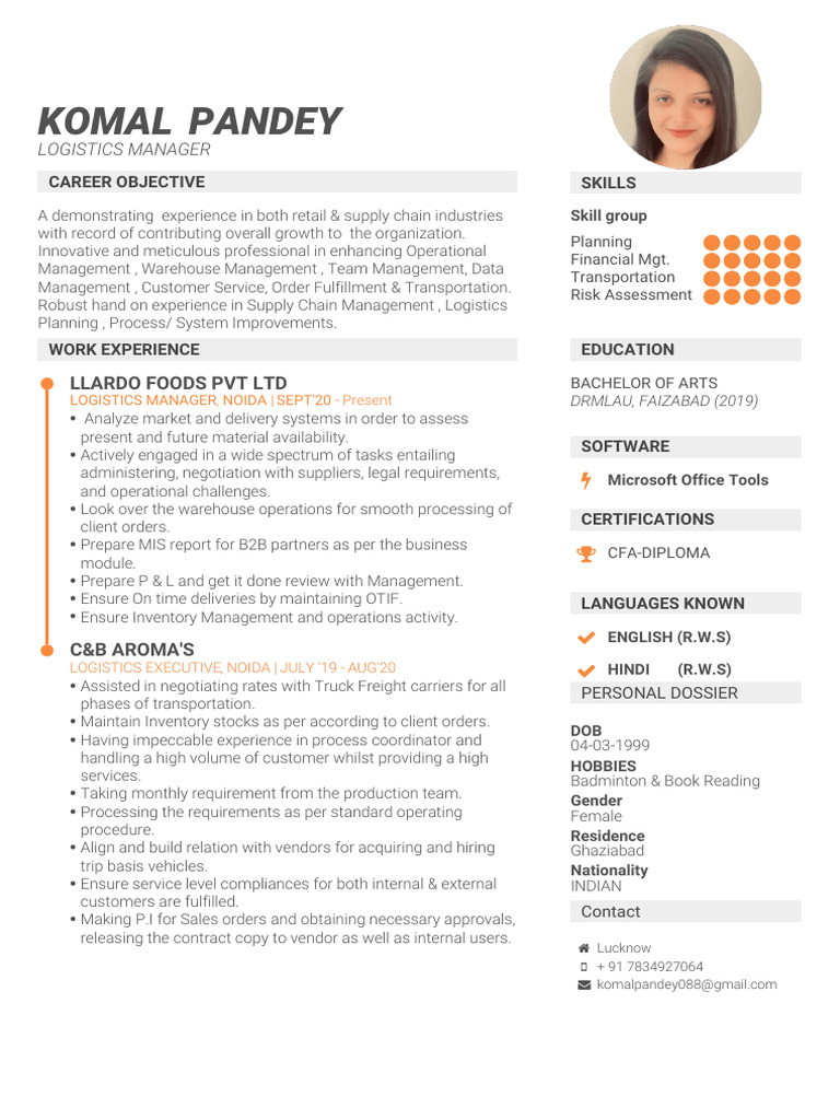 Resume Komal | PDF | Logistics | Supply Chain