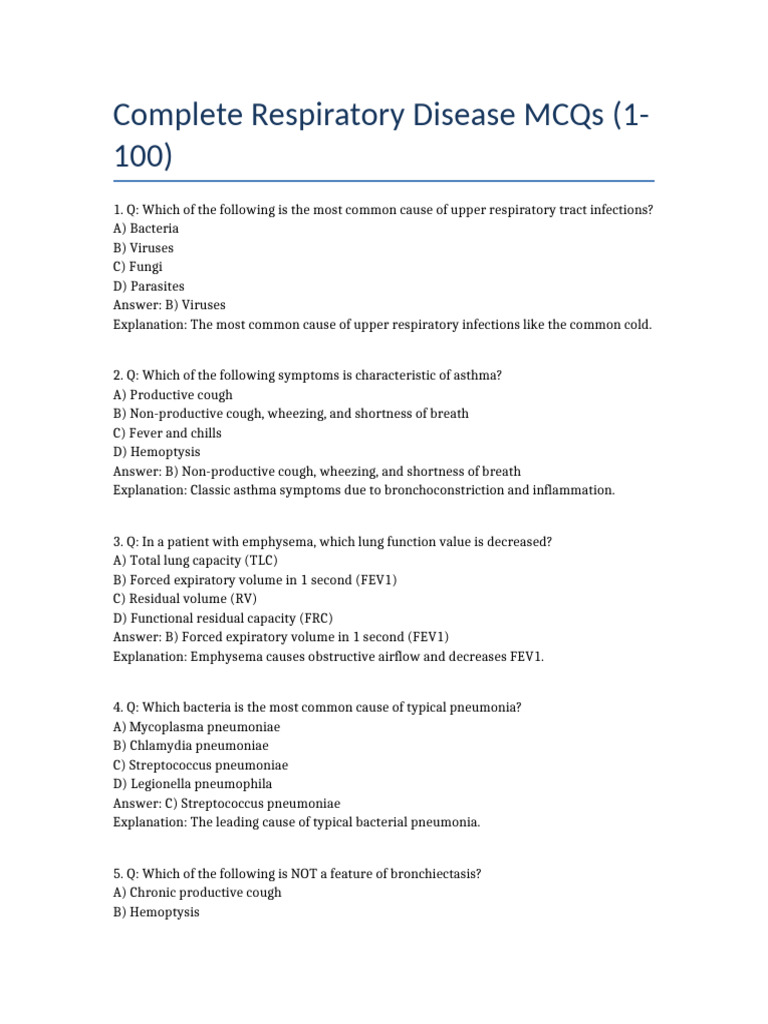 Final Complete Numbered Respiratory Diseases 1 To 100 MCQs | PDF ...