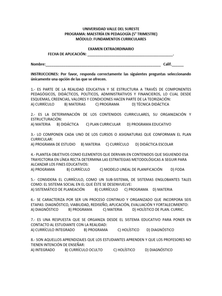 EXAMEN EXTRAORDINARIO FUNDAMENTOS CURRICULARES | PDF