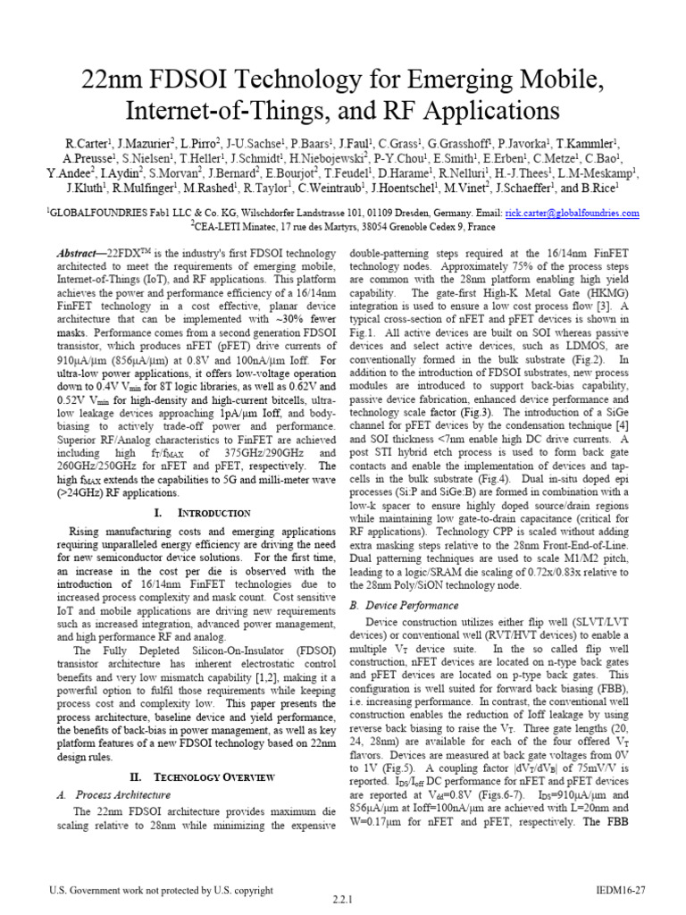 22nm FDSOI Technology For Emerging Mobil | PDF | Mosfet | Field Effect ...