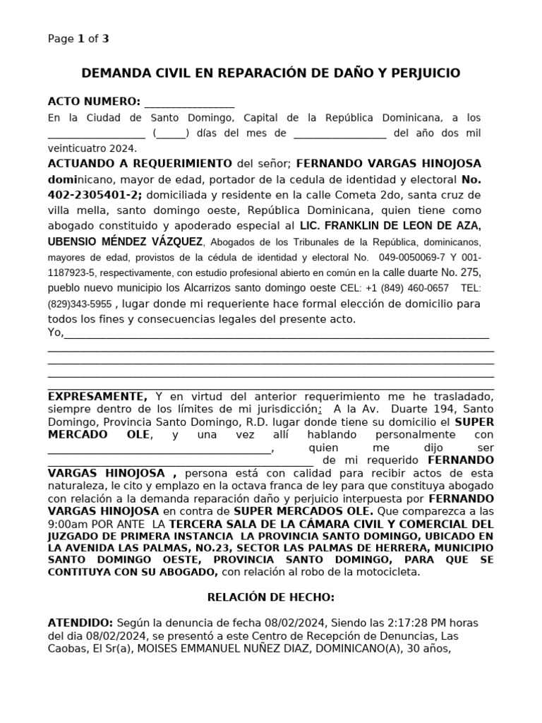 Demanda Civil en Reparacion Daño y Perjuicio Franki | PDF | República ...