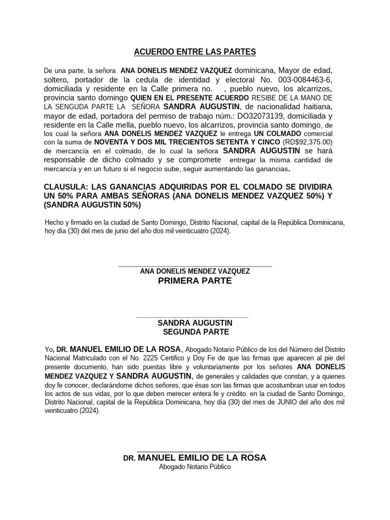 Acuerdo Entra Las Partes de Ana y Sandra Augustin | PDF | República ...
