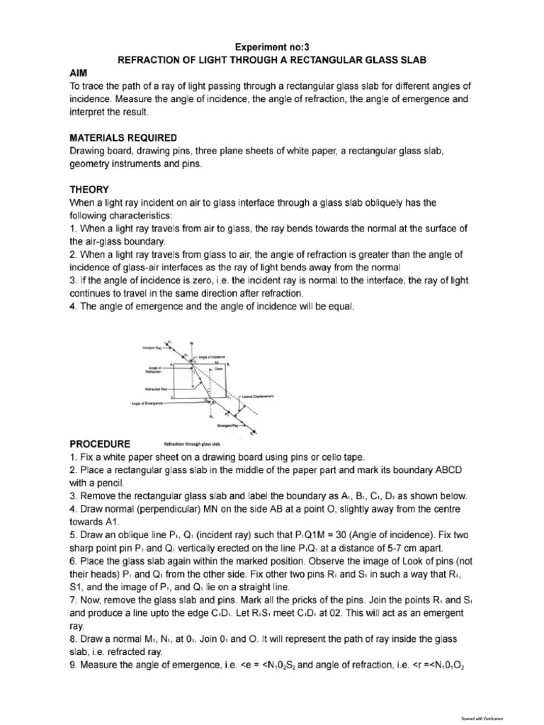 Refraction of Light Through A Rectangular Glass Slab | PDF