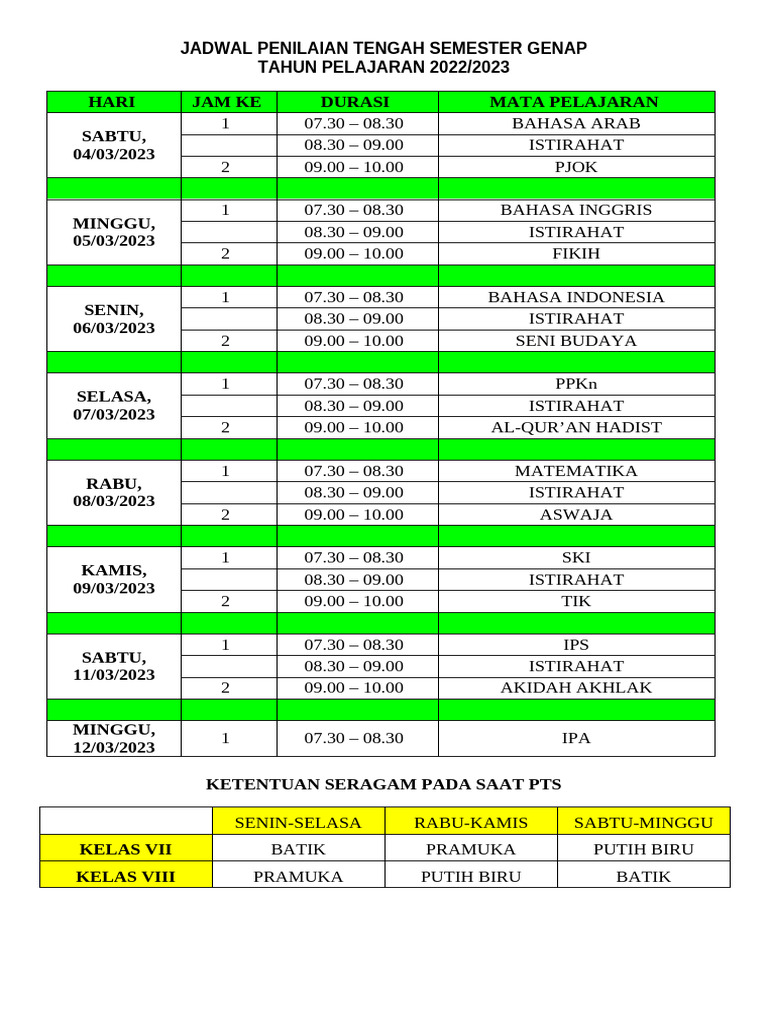 Jadwal Pelajaran PTS | PDF