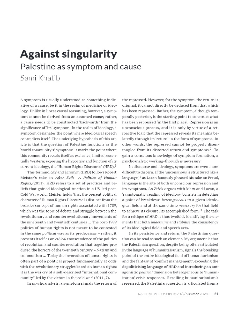 Sami Khatib Against Singularity - Palestine As Symptom and Cause (2024) | PDF