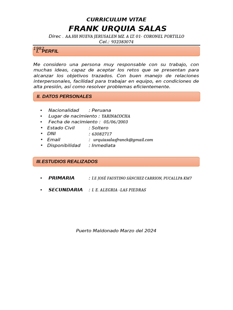 Cv Frank Urquia Salas | PDF