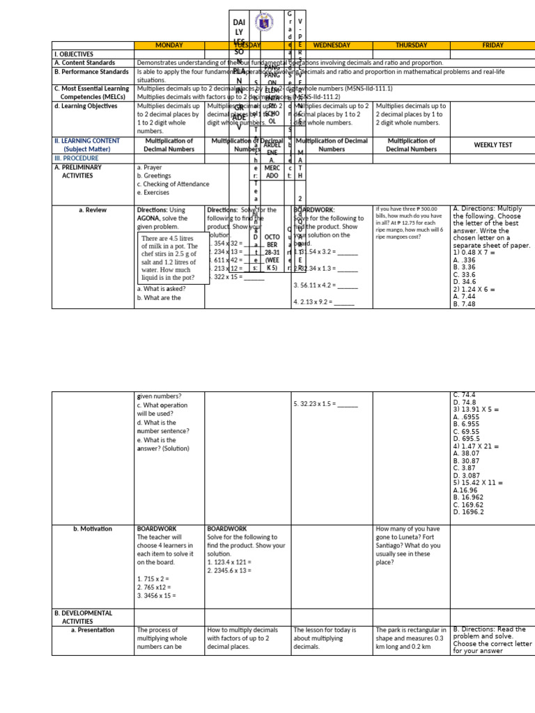 3DAILY LESSON PLAN REVISED MATH | PDF | Multiplication | Numbers