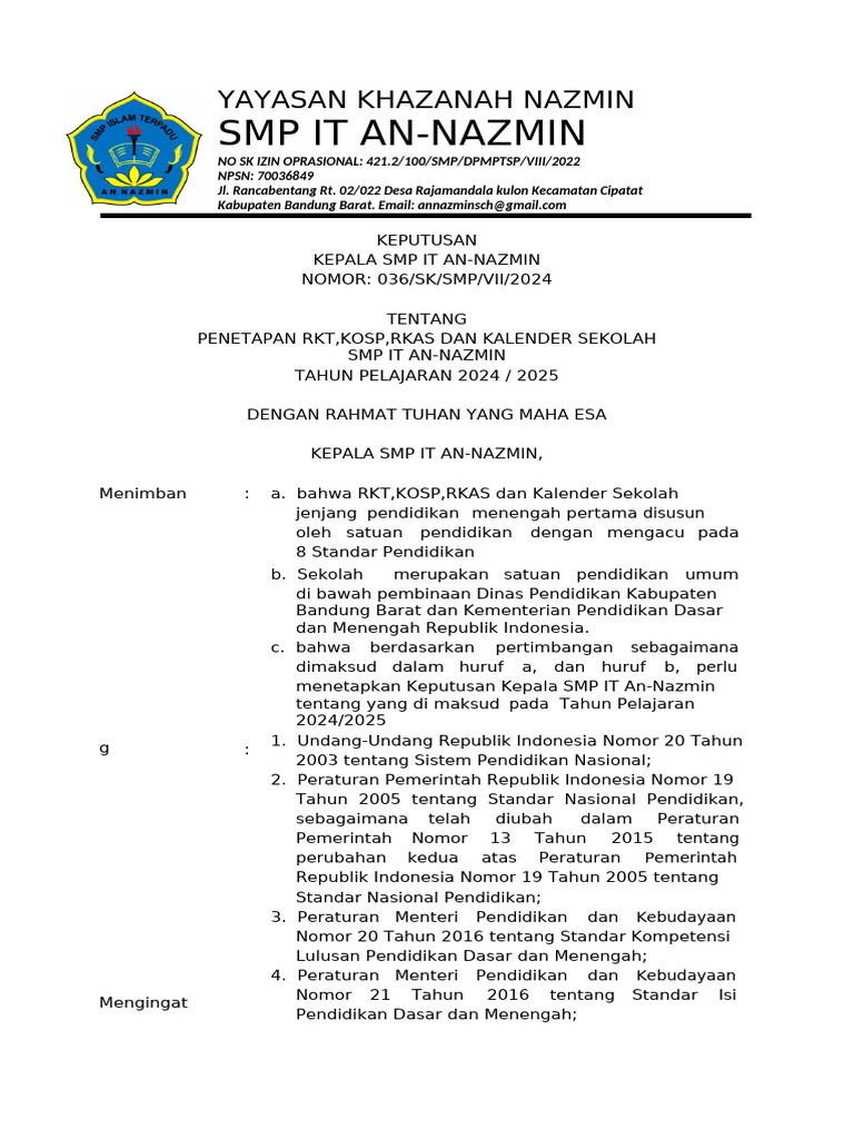 SK Penetapan RKT, Kosp, Rkas SMP It An Nazmin 2024 | PDF