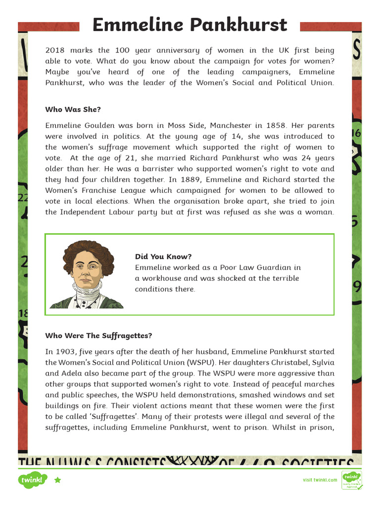 Pshce Year 3 Emmeline Pankhurst Comprehension | PDF | Suffragette | Emmeline Pankhurst