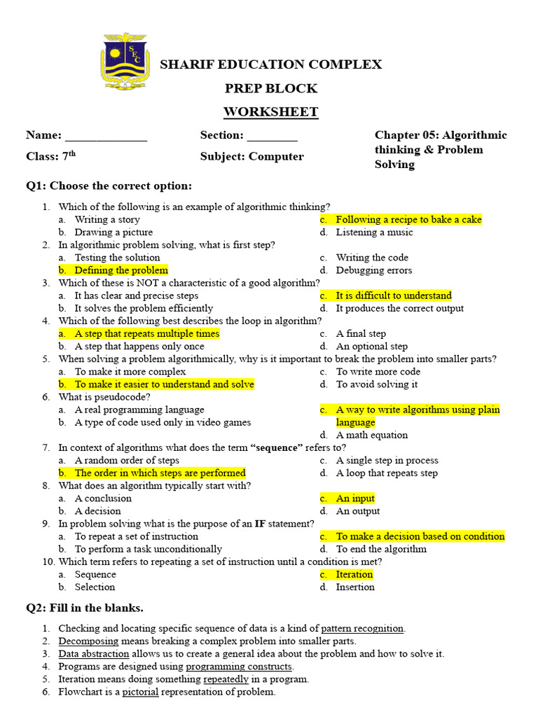 Class 7 Algorithms Worksheet | PDF | Algorithms | Computer Programming
