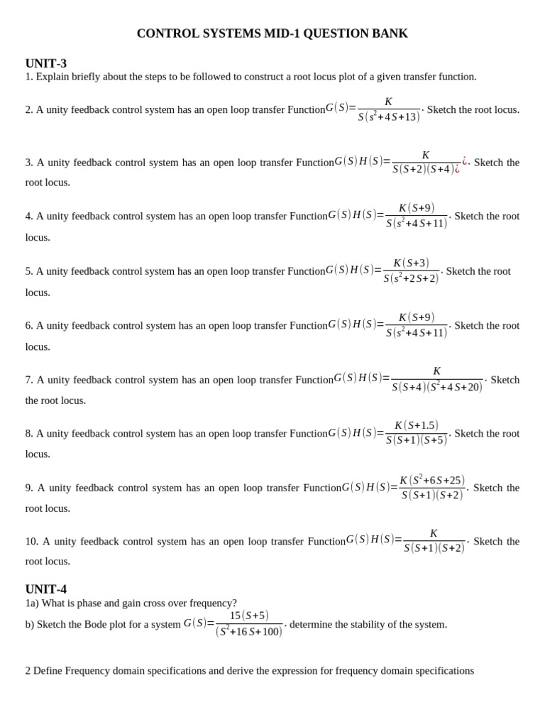 Control Systems Mid-2 Descriptive Question Bank - Students | PDF | Applied Mathematics | Control ...