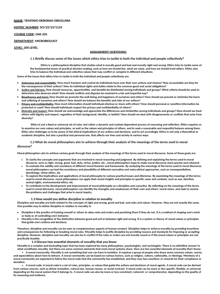 Temitayo Deborah Oreoluwa's GNS 201 Week 6 Assignment | PDF | Morality | Disciplines