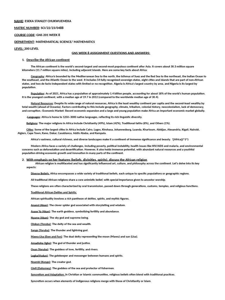 Temitayo Deborah Oreoluwa's GNS 201 Week 7 Assignment | PDF | Africa | Reincarnation