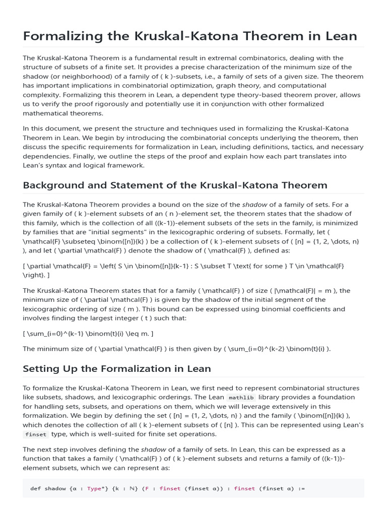 Formalizing The Kruskal-Katona Theorem in Lean | PDF | Combinatorics | Theorem
