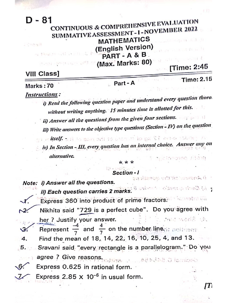 Math Class 10th TS SSC Previous Year Questions Papers | PDF