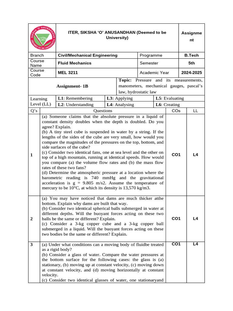 Hydrostatics assignment_24 25 | PDF | Pressure | Pressure Measurement