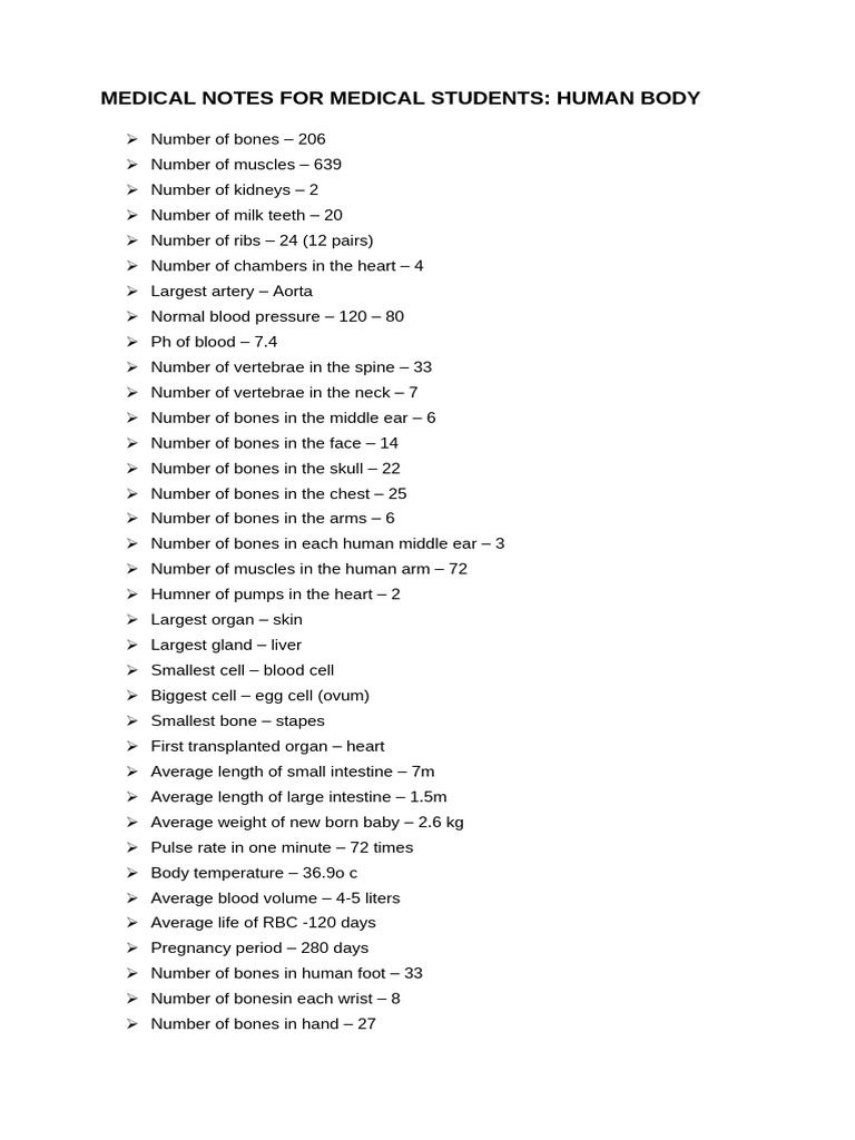 Notes For Medical Students - Human Body | PDF