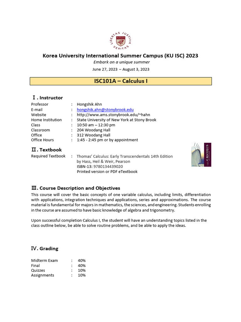 ISC101A Calculus I - Syllabus | PDF | Integral | Calculus