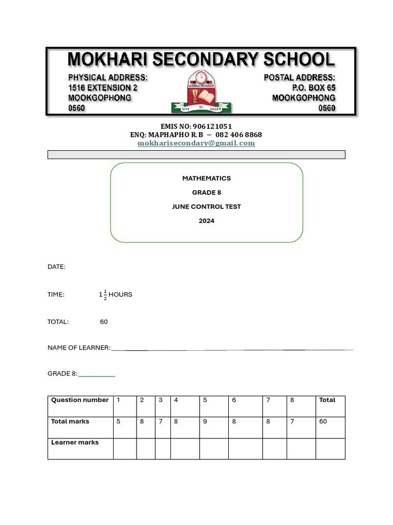 June Controlled Test Grade 8 2024 Mokhari Secondary School | PDF ...