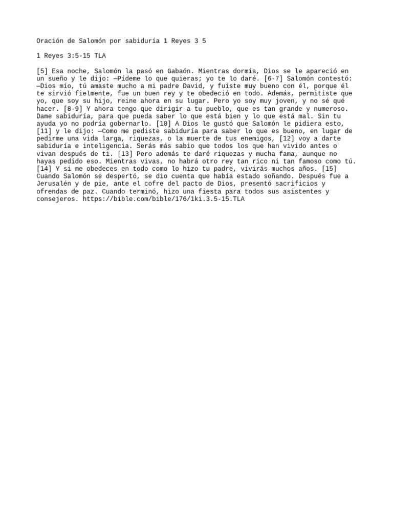 Oracion de Salomon Por Sabiduria 1 Reyes 3 5 | PDF