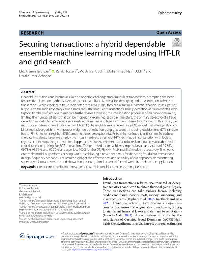 Securing Transactions: A Hybrid Dependable Ensemble Machine Learning Model Using IHT-LR and Grid ...