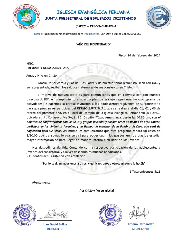 Invitación a Retiro Espiritual JUPEC 2024 | PDF | Cocina, comidas y ...