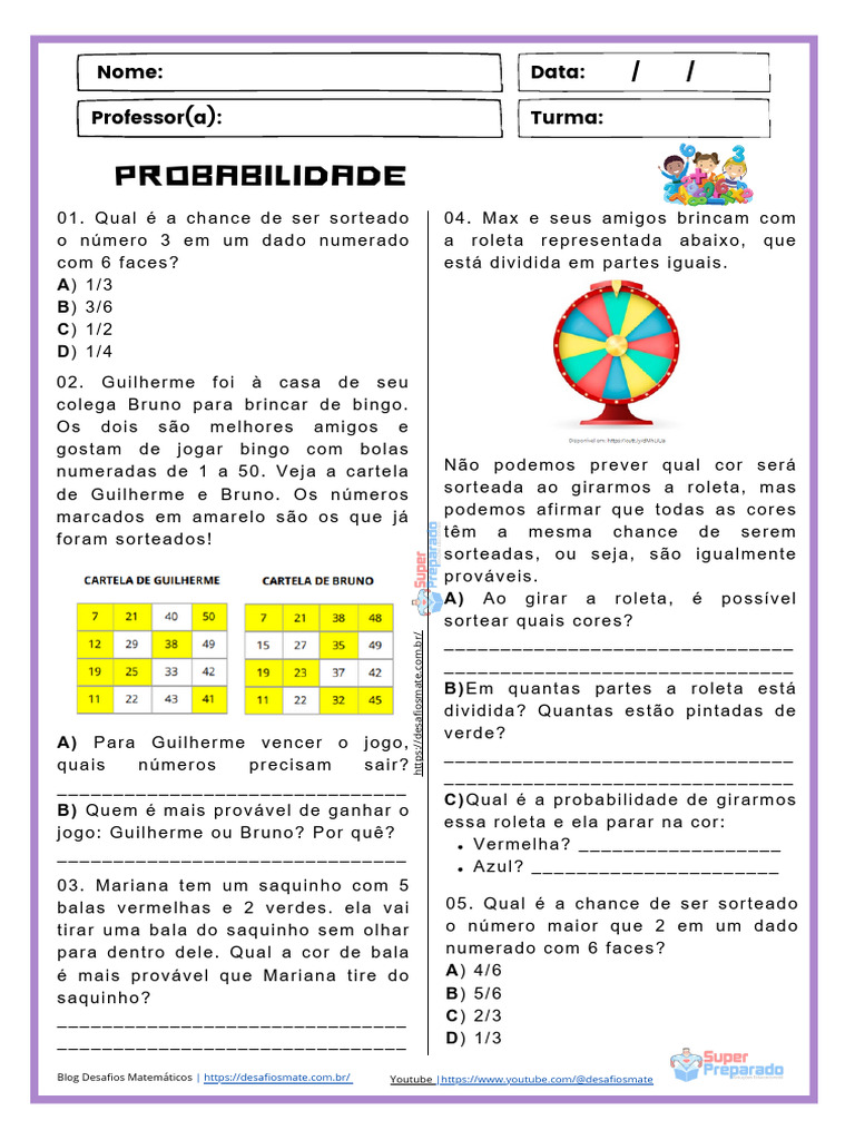 Atividade de Probabilidade para 5º Ano | PDF | Probabilidade | Roleta